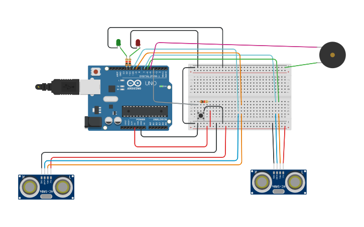 Circuit design BUZZER + DOS SENSORES DE PROX - DOS LEDS - Tinkercad