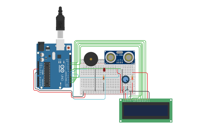 Circuit design Proyecto Electricidad 2019 con LCD y sensor HC-SR04 | Alarma - Tinkercad