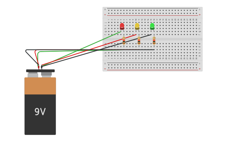 Circuit design three led glow with battery - Tinkercad