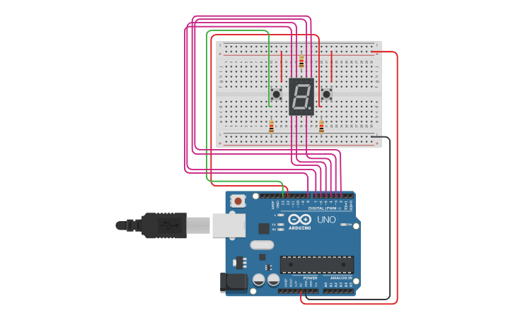 Circuit Design 7 Segment Display With Push Buttons Increment And Decrement Tinkercad