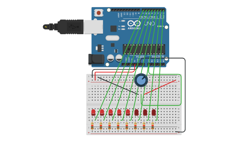 Circuit design Potenciometro y leds | Tinkercad