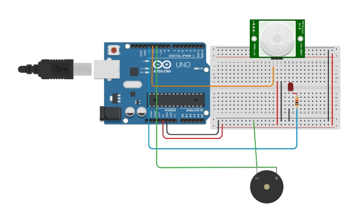 Circuit design circuito de pir y buzzer - Tinkercad