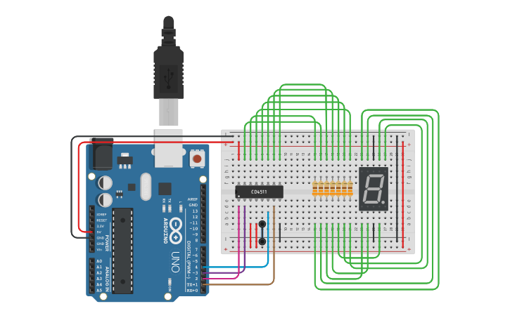 Circuit design Contador 0-9 con CD 4511 - Tinkercad