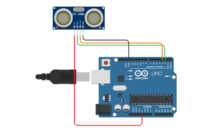 Circuit design Funcionamiento de sensor de ultrasonidos - Tinkercad