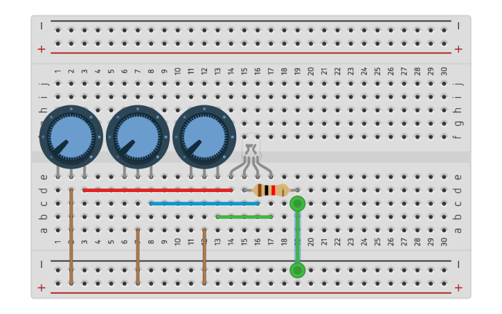 Circuit design c. Control de led RGB con potenciómetros | Tinkercad