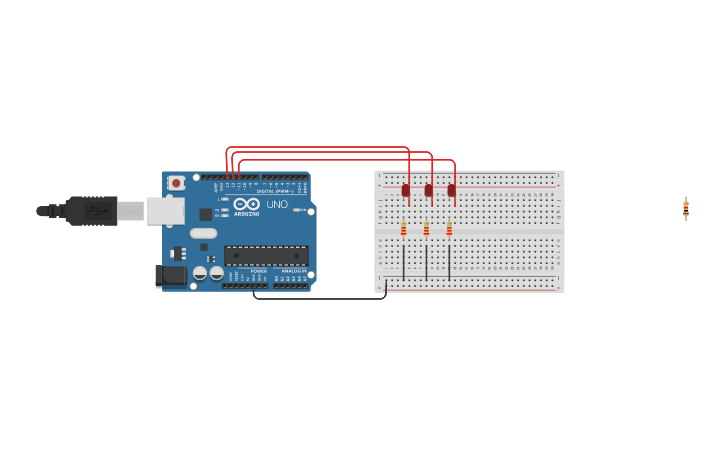 Circuit design Práctica Arduino UNO 3 leds en serie alternados - Tinkercad