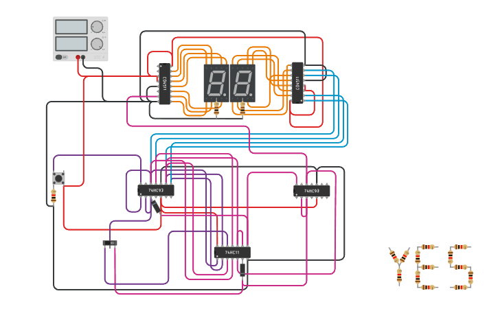 Circuit design Dual-mode counter (Mod7/13) 74HC93 - Tinkercad