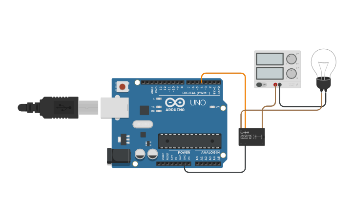 Circuit design Bombilla con relé - Tinkercad