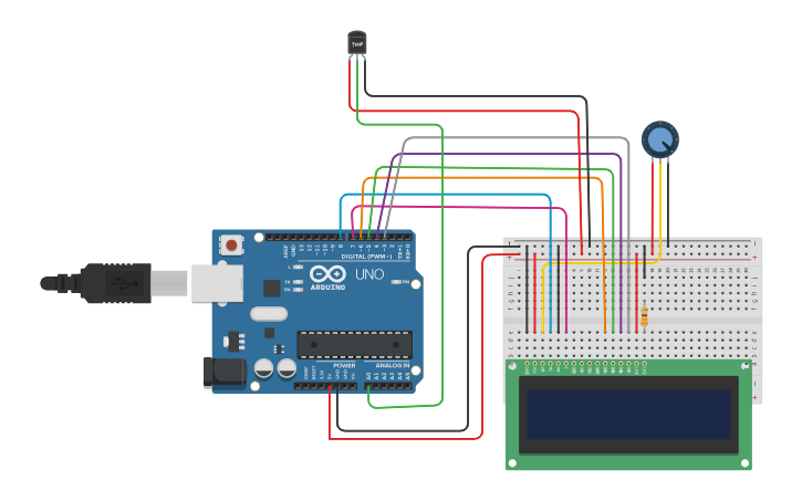 Circuit design Temperature Sensor display on LCD - Tinkercad