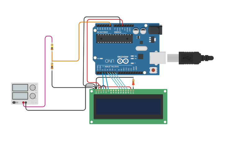 Circuit design power supply and lcd - Tinkercad