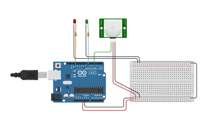 Circuit design PIR sensor motion 2 LEDs | Tinkercad