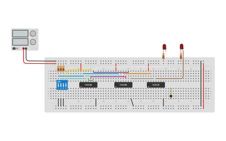 Circuit design Actividad 5. Implementación un sumador binario completo - Tinkercad