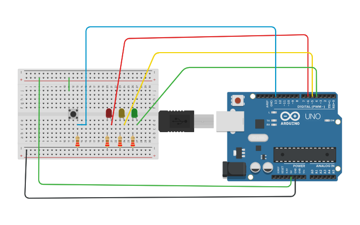 Circuit design SEMAFORO CON PULSADOR | Tinkercad