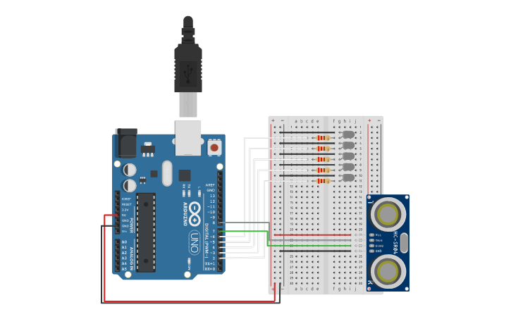 Circuit design SECUENCIA DE LEDS Y SENSOR ULTRASONICO | Tinkercad