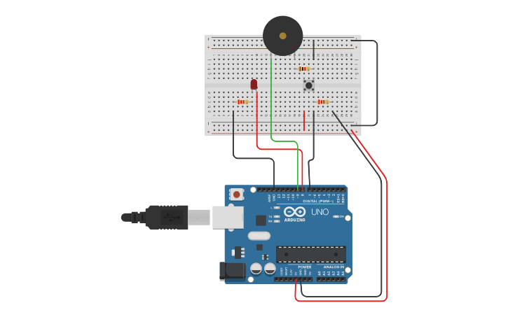 Circuit design Buzzer con LED y pulsador - Tinkercad