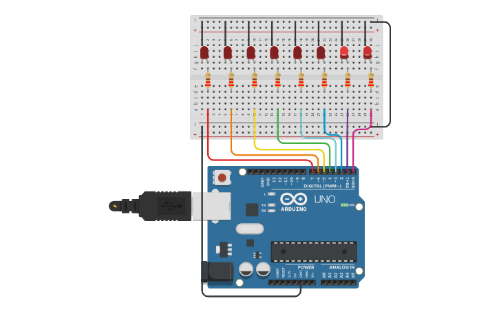 Circuit design Binary LEDs - Tinkercad