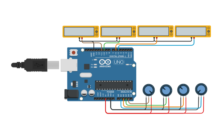 Circuit Design Arduino 4x Pwm Potencjometr Tinkercad