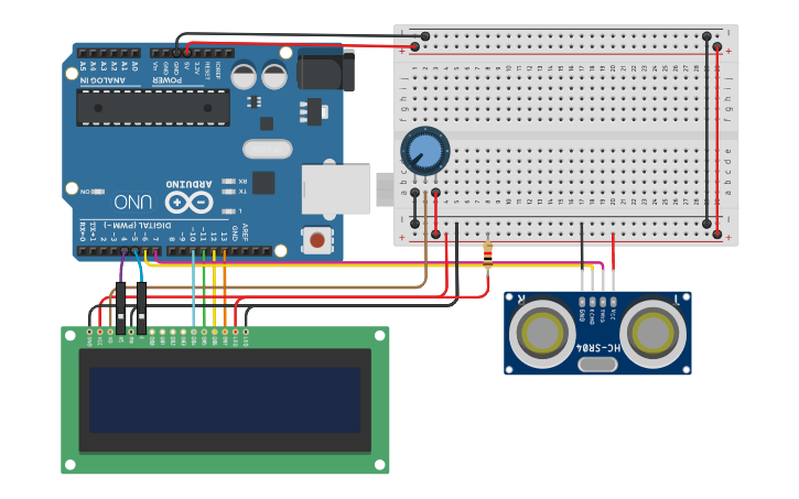 Circuit design Ultrasonic Distance sensor with LCD - Tinkercad