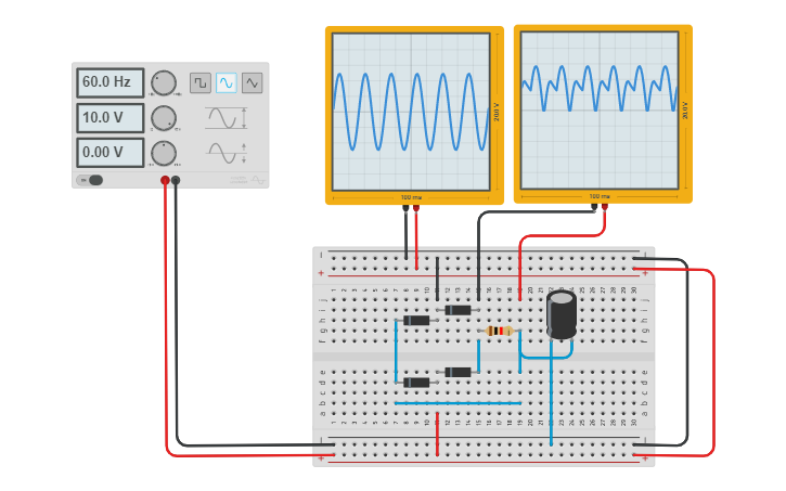 Circuit design FULL – WAVE RECTIFIER DENGAN FILTER KAPASITOR - Tinkercad