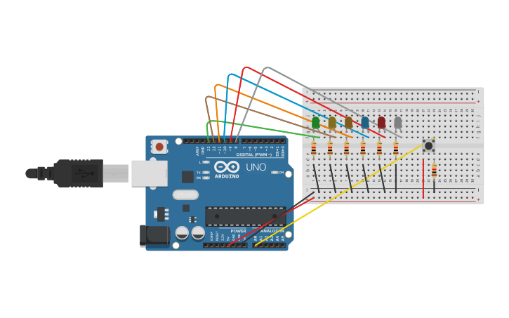 Circuit design Christmas Lights with LED and PushButton - Tinkercad