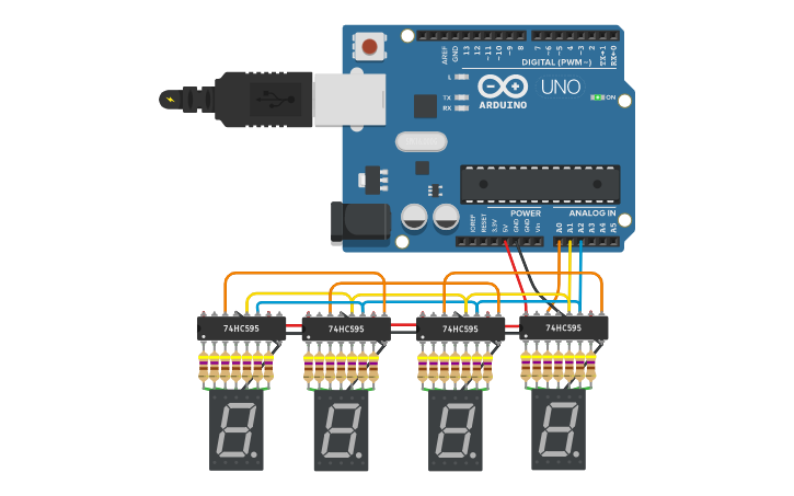 Circuit Design 4x7 Segment Display Using 74hc595 Tinkercad
