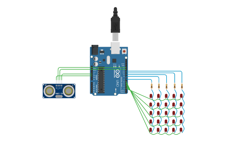 Circuit design 5x5 LED Matrix with Ultrasonic Sensor - Tinkercad