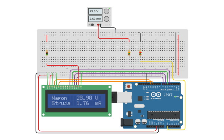 Circuit design Arduino Voltmeter + Ammeter - Tinkercad Circuit design Arduino Voltmeter + Ammeter - Tinkercad