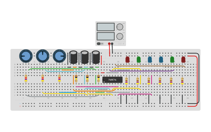 Circuit design 74hc14 osc inv ok | Tinkercad