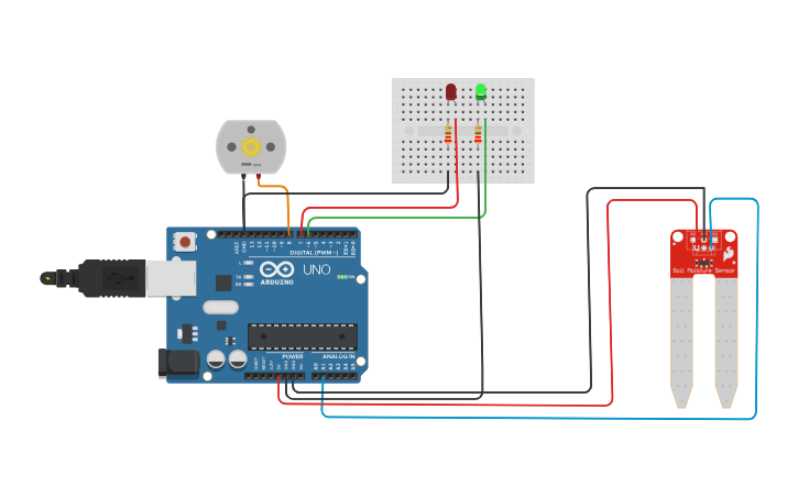 Circuit design sensor humedad, moderboard motor cc y luces led - Tinkercad