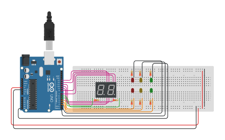 Circuit design Semaforo con contador - Tinkercad