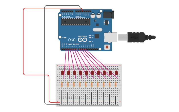 Circuit design circuito arduino 10 led - Tinkercad