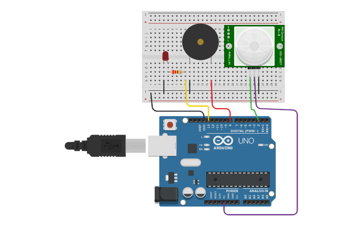 Circuit design PIR monitor sensor | Tinkercad