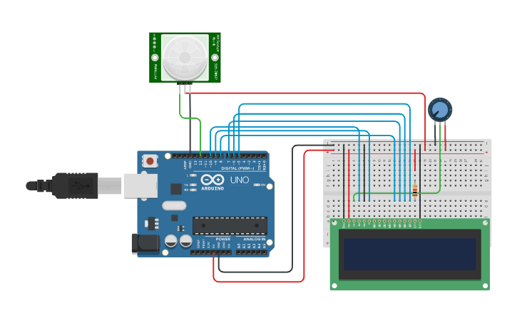 Circuit design Detect Human using Motion Sensor & LCD | Tinkercad