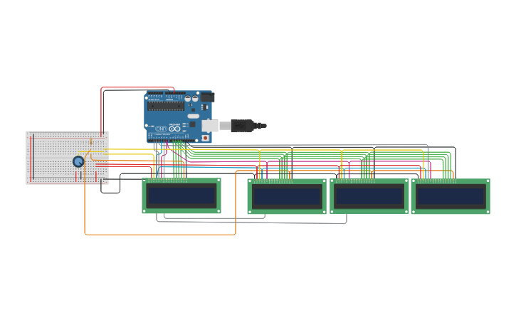 Circuit design Arduino con múltiples LCD's - Tinkercad