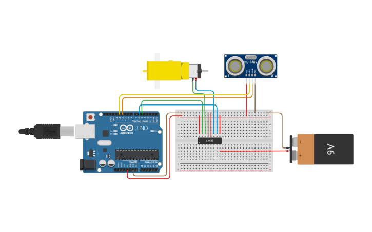 Circuit design Hobby gearmotor with Distance sensor - Tinkercad