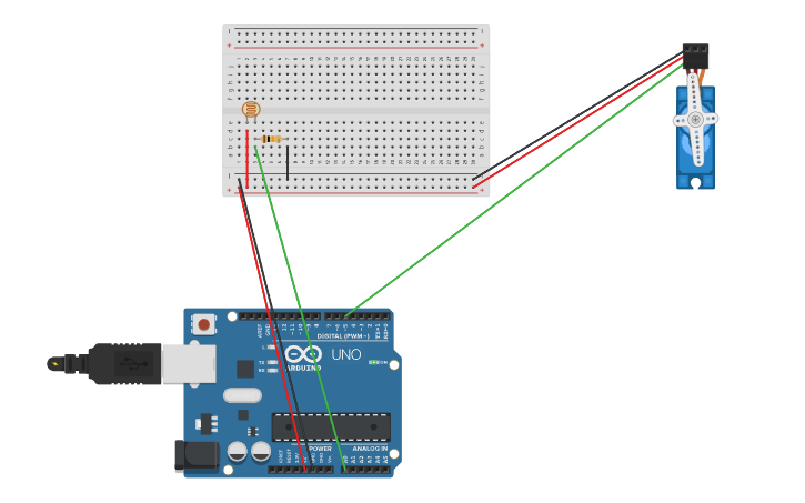 Circuit design Servo and Light Sensor - Tinkercad