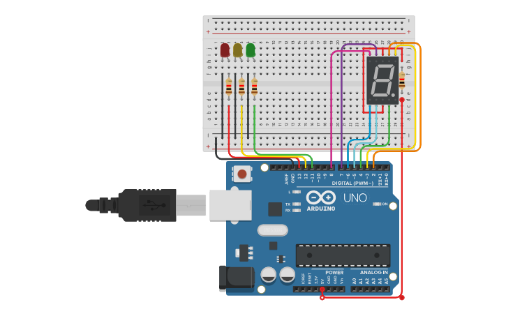 Circuit design SIMPLE TRAFFIC LIGHTS WITH TIMER - Tinkercad