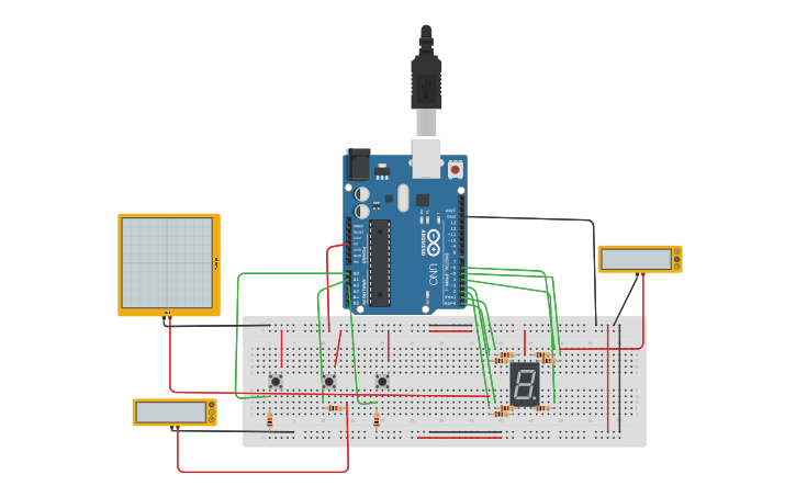 Circuit design montaje #7 de 0 a 9 display 7 seg sin codificador - Tinkercad
