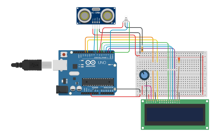Circuit design Sensor Jarak dan LED RGB - Tinkercad