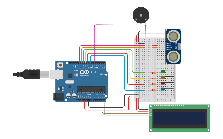 Circuit design Estacinamiento con aviso de led y buzzer - Tinkercad