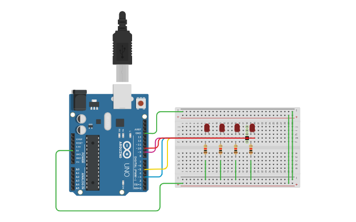 Circuit design LED 4 fading - Tinkercad