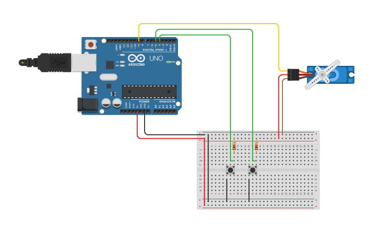 Circuit design Servo button control - Tinkercad