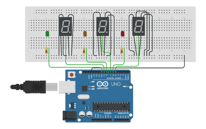 Circuit design Arduíno Semáforo + Display | Tinkercad