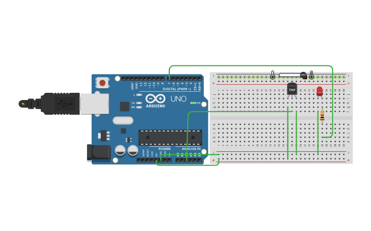Circuit design controlling led using temperature sensor - Tinkercad