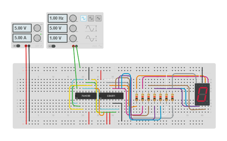 Circuit design 4511 e 7493 | Tinkercad