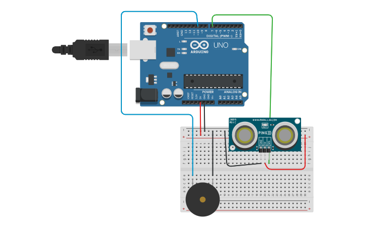 Circuit design Sensor de Distancia con Sonido (piezo) - Tinkercad
