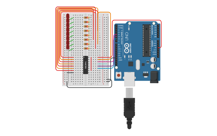 Circuit design Eight LEDs and a Shift Register - Tinkercad