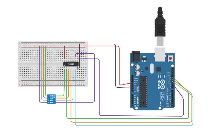 Circuit design binario a deciamal | Tinkercad