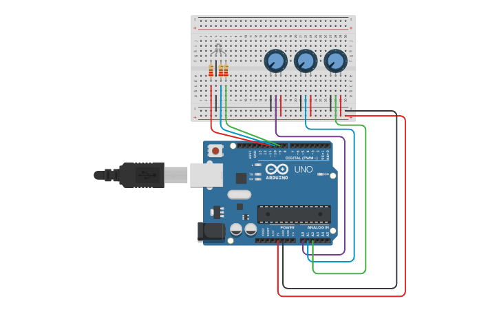 Circuit design Pratica 3- LED RGB - Tinkercad Circuit design Pratica 3- LED RGB - Tinkercad