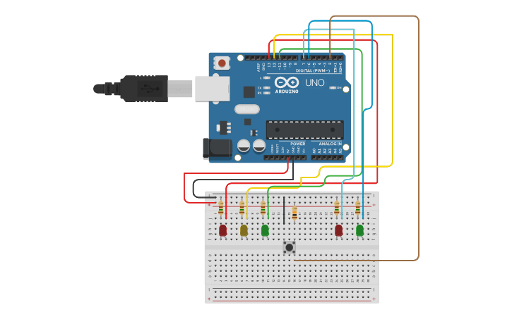 Circuit design semáforo com sinal de pedestres | Tinkercad